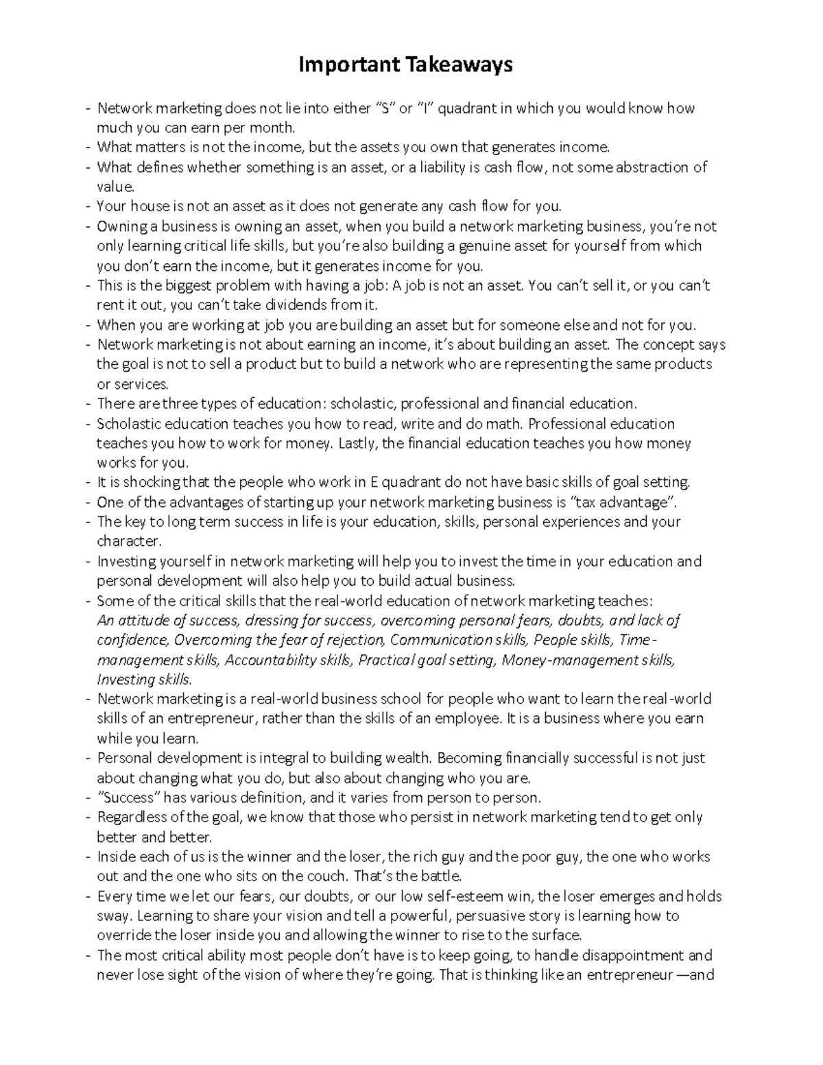 Important Takeaways - n.a. - Important Takeaways Network marketing does ...