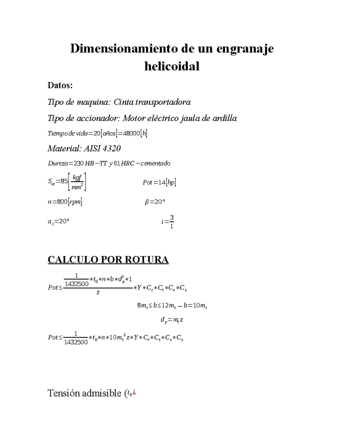 Dimensionamiento de un engranaje helicoidal - Dimensionamiento de un ...