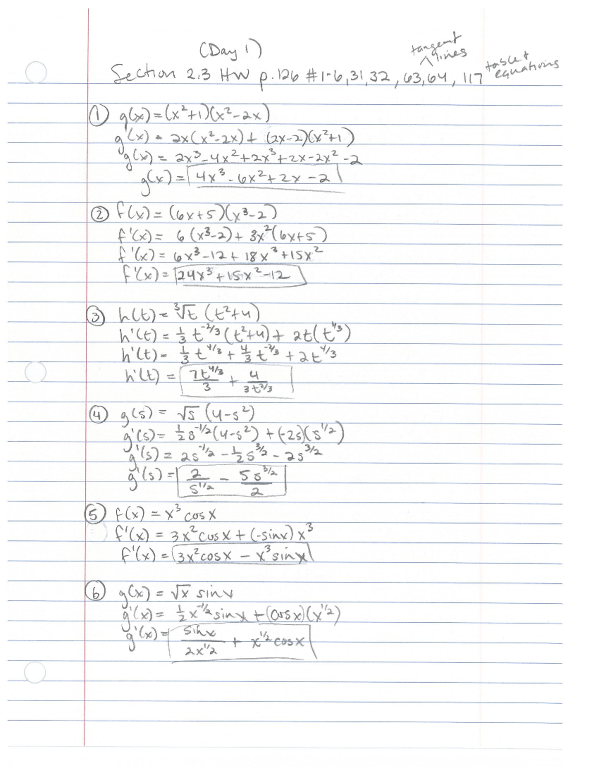 2.3_day_1_hw_key.pdf - (Day 1) targent Section 2 Hw p 126 63,64, 117 equations Thines tascet 1 g ...