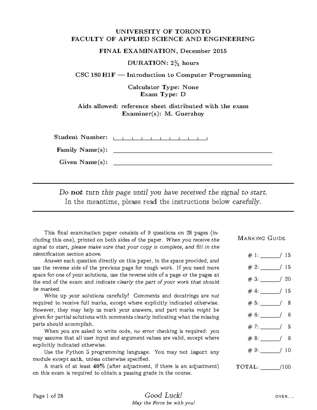 Exam 4 December 2015, questions - UNIVERSITY OF TORONTO FACULTY OF ...