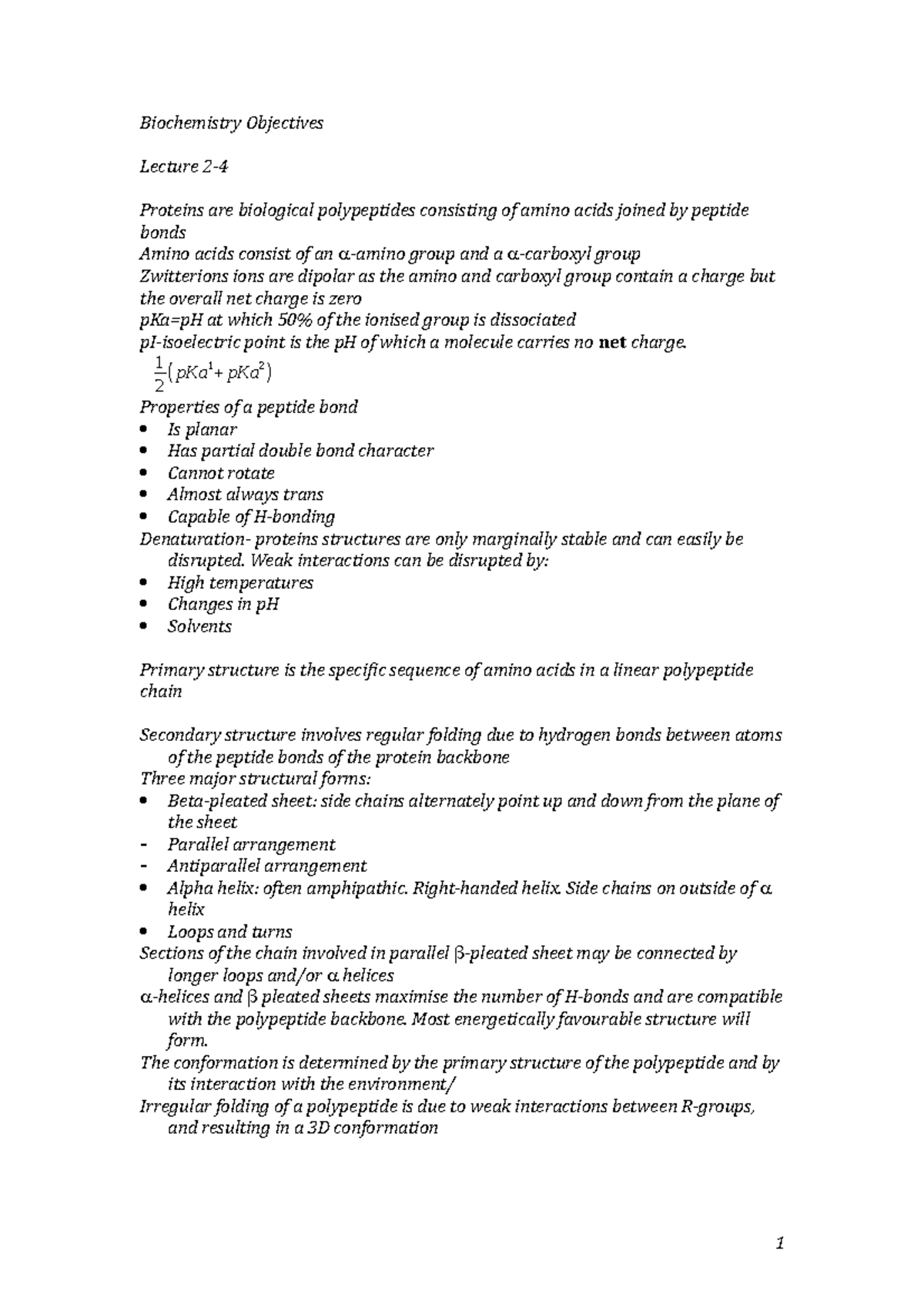 Biochemistry Study notes - Biochemistry Objectives Lecture 2-4 Proteins ...
