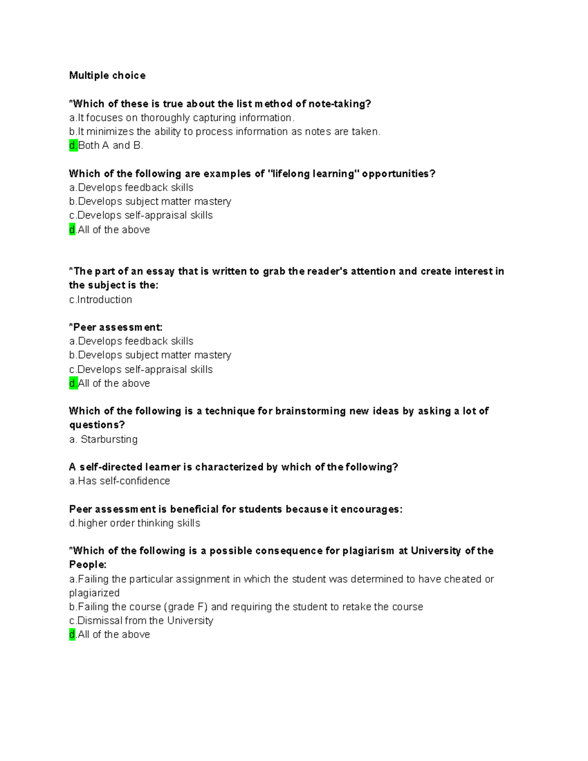 Self quiz questions and answers - Multiple choice *Which of these is ...