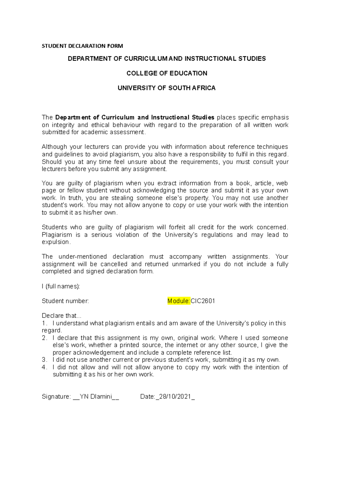 CIC2601 ass 5 - ASSIGNMENT, PARAPHRASE YOUR WORK - STUDENT DECLARATION ...