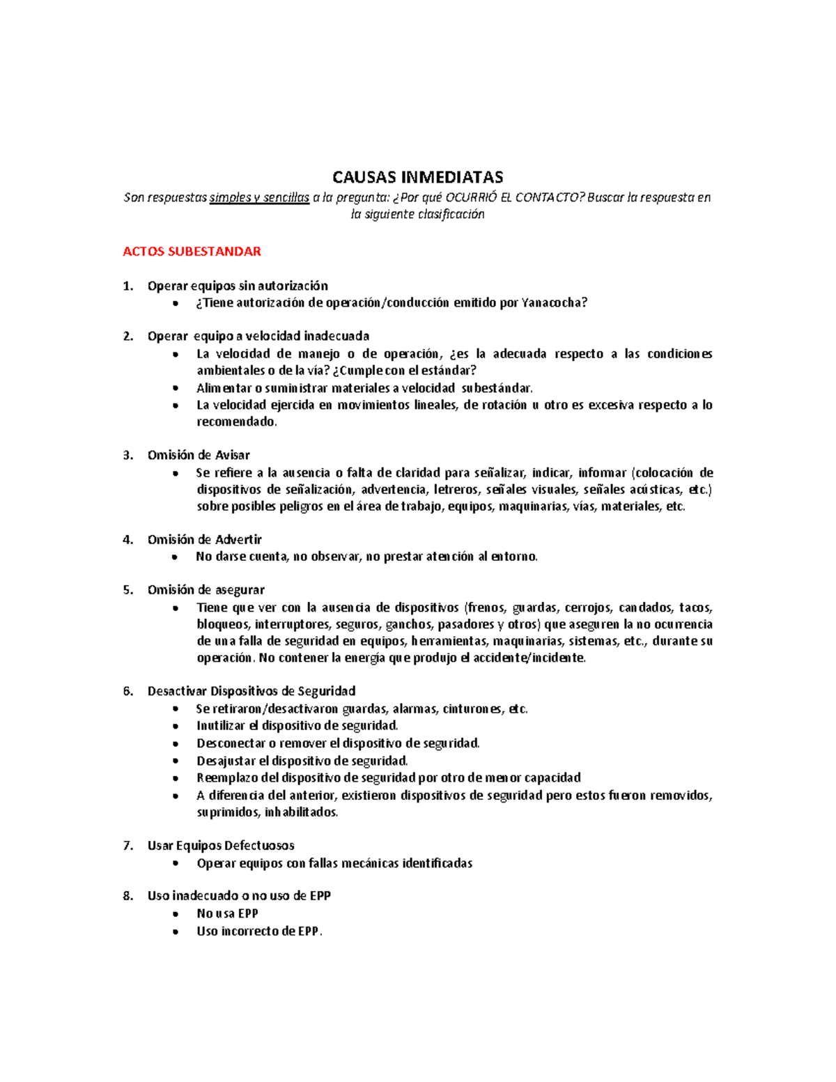 Interpretacion Tabla SCAT - Final - CAUSAS INMEDIATAS Son respuestas simples y sencillas a la ...