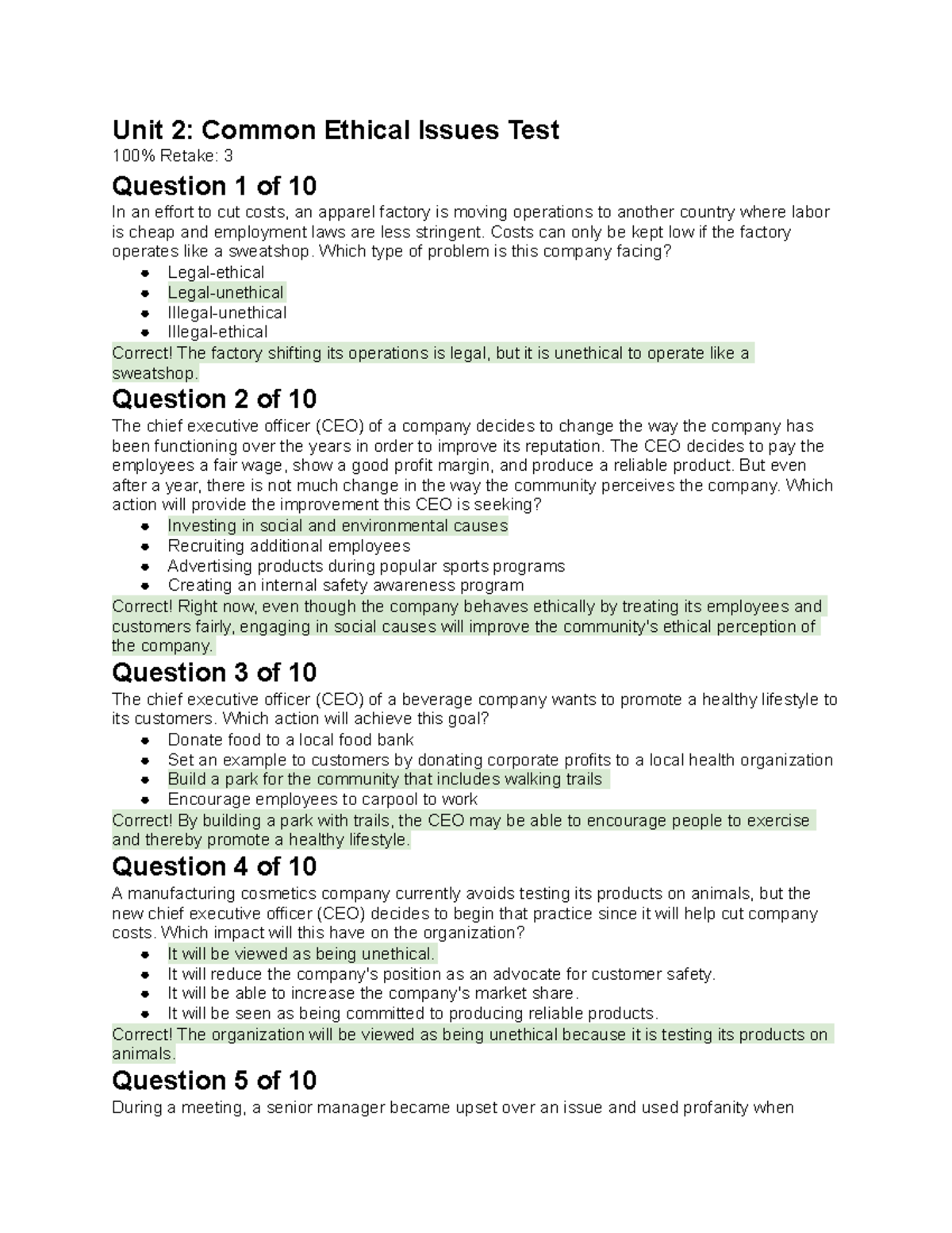 TEST Unit 2 Common Ethical Issues - Costs can only be kept low if the ...