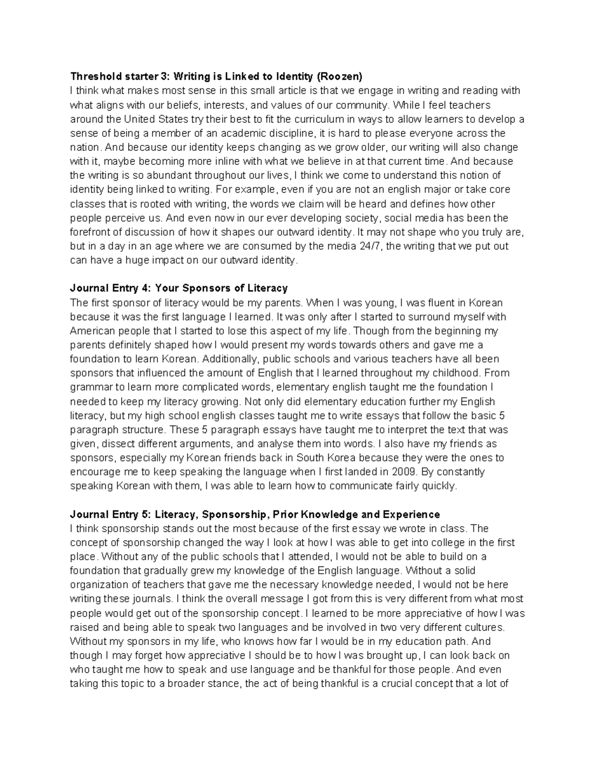 Journal Entries 2 - Threshold starter 3: Writing is Linked to Identity ...