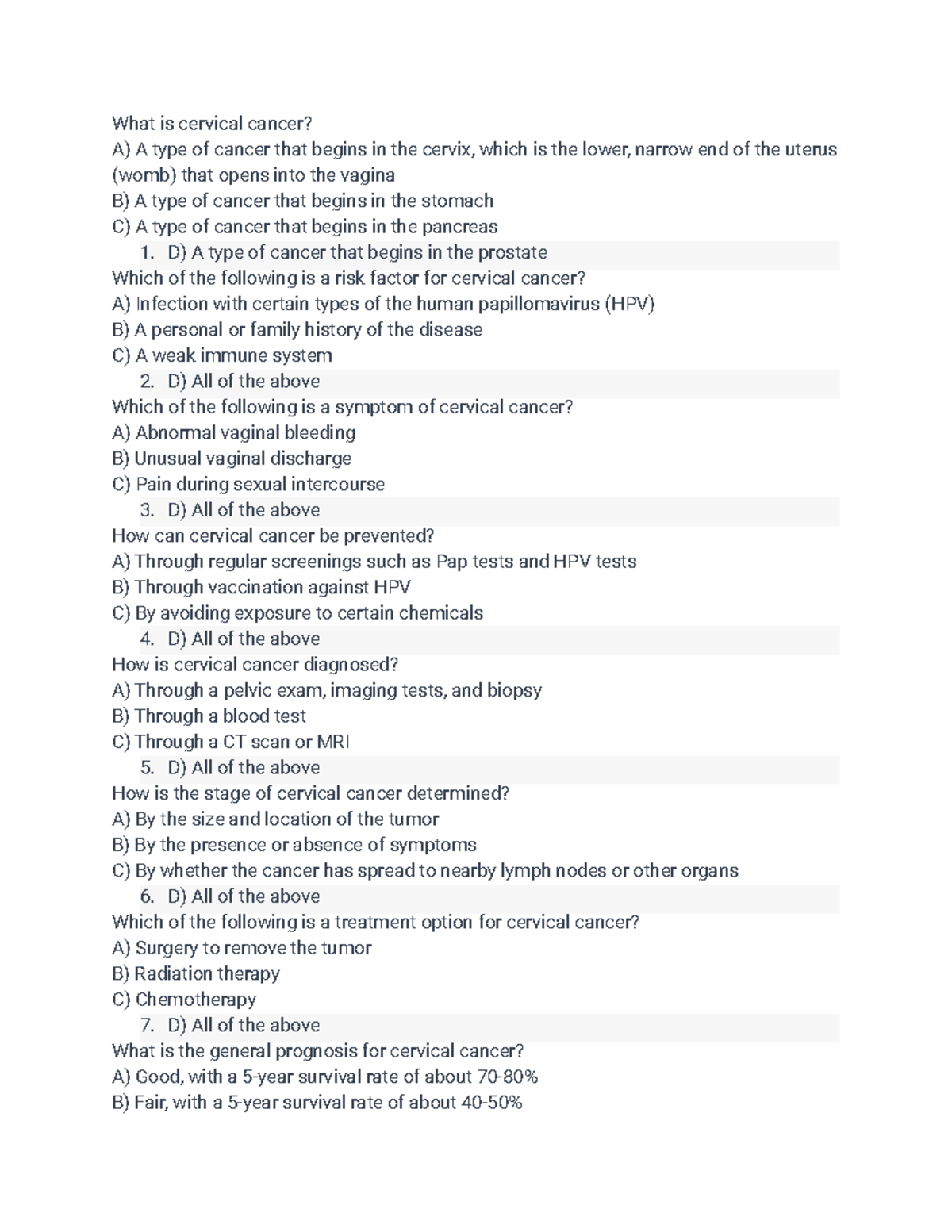 Cervical cancer multiple choice - What is cervical cancer? A) A type of ...