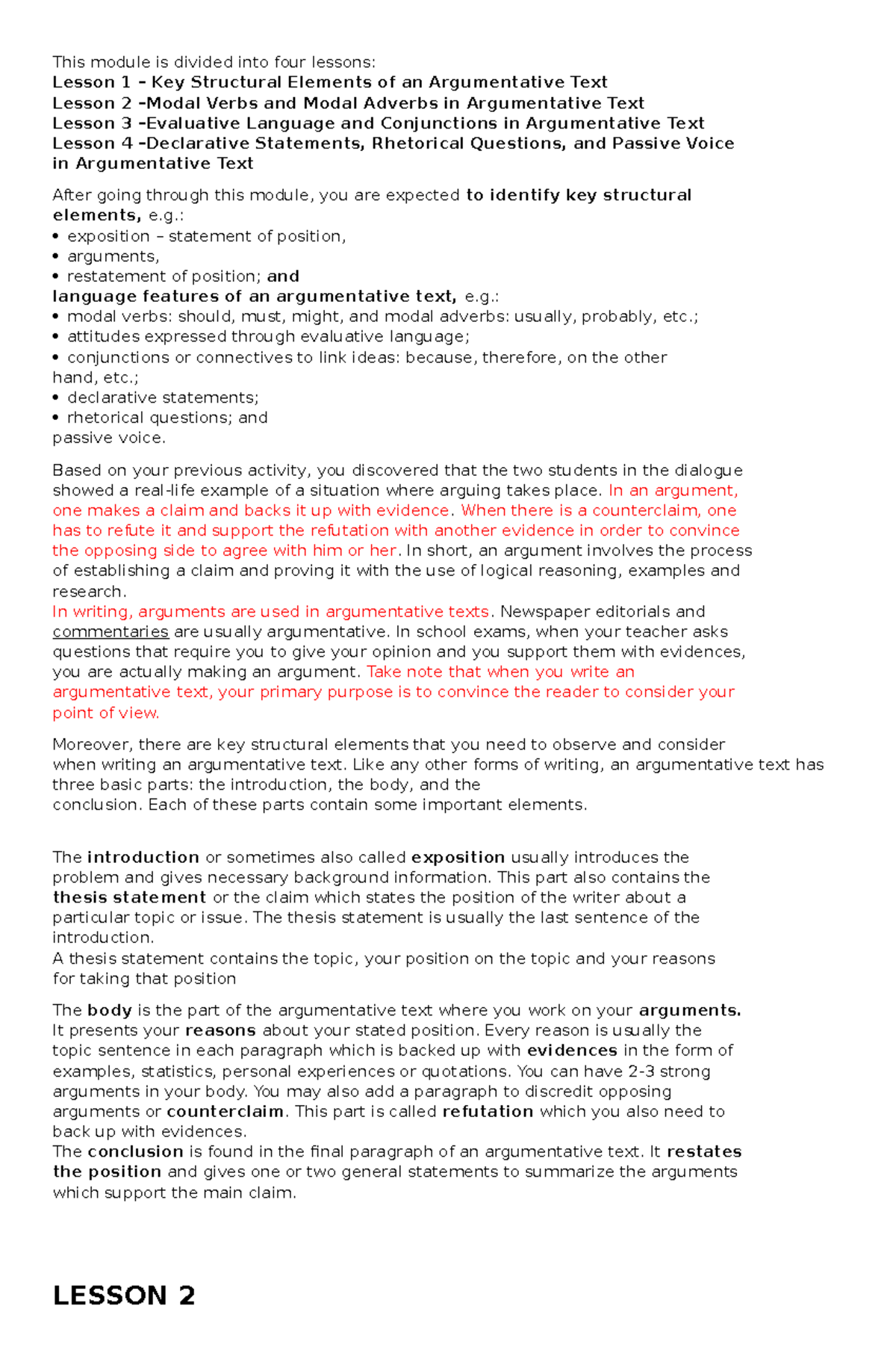 Q2 Lesson 2 - This module is divided into four lessons: Lesson 1 – Key ...