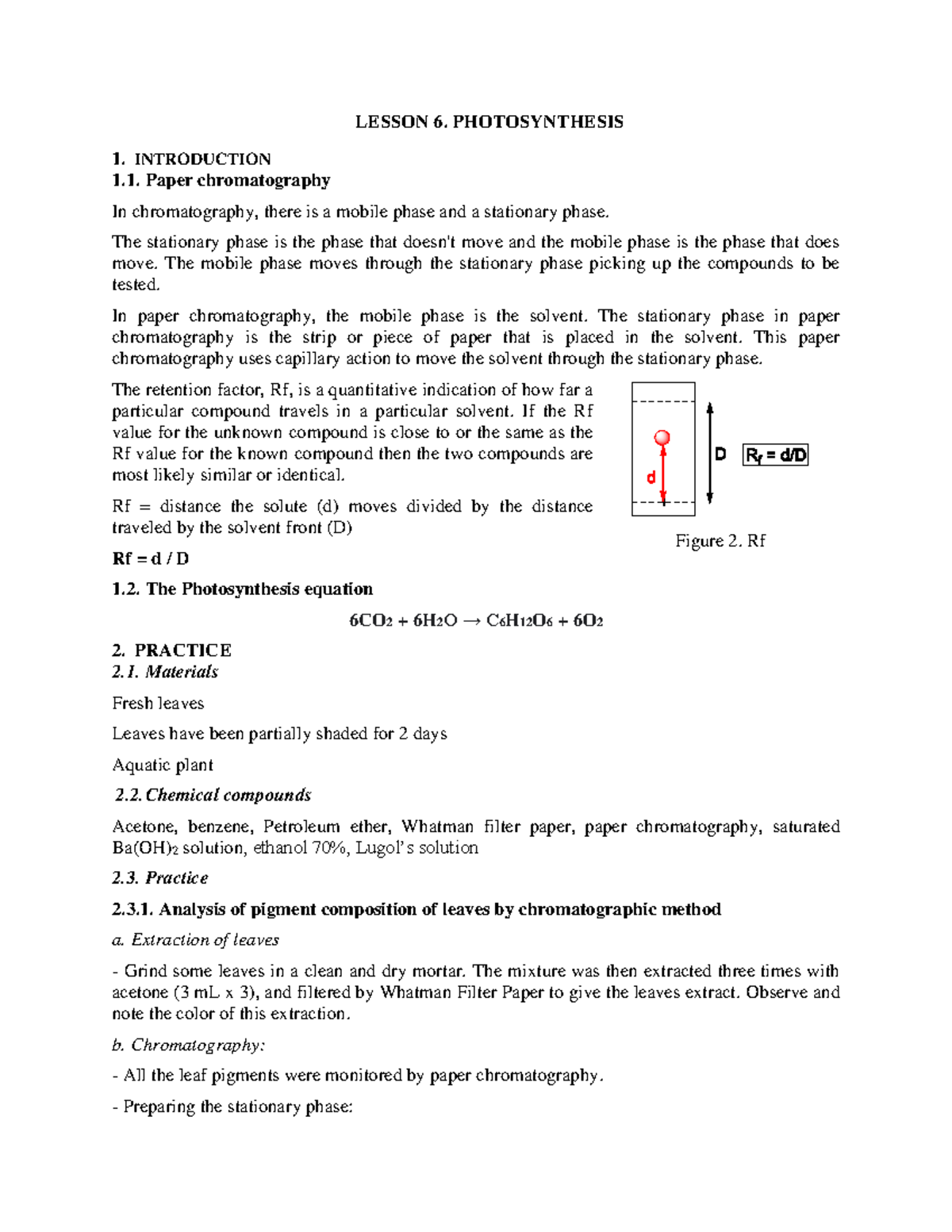 6. Photosynthesis - Lab of general biology - LESSON 6. PHOTOSYNTHESIS 1 ...