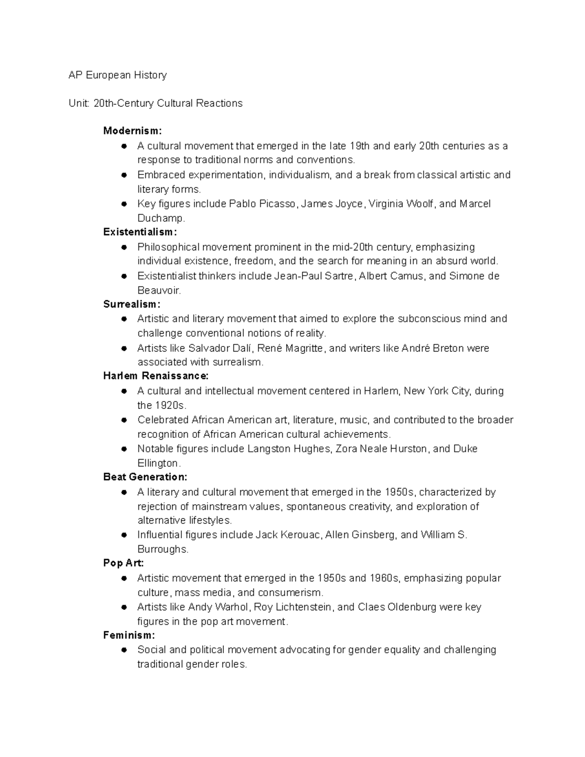 AP European History - 20th-Century Cultural Reactions - AP European ...