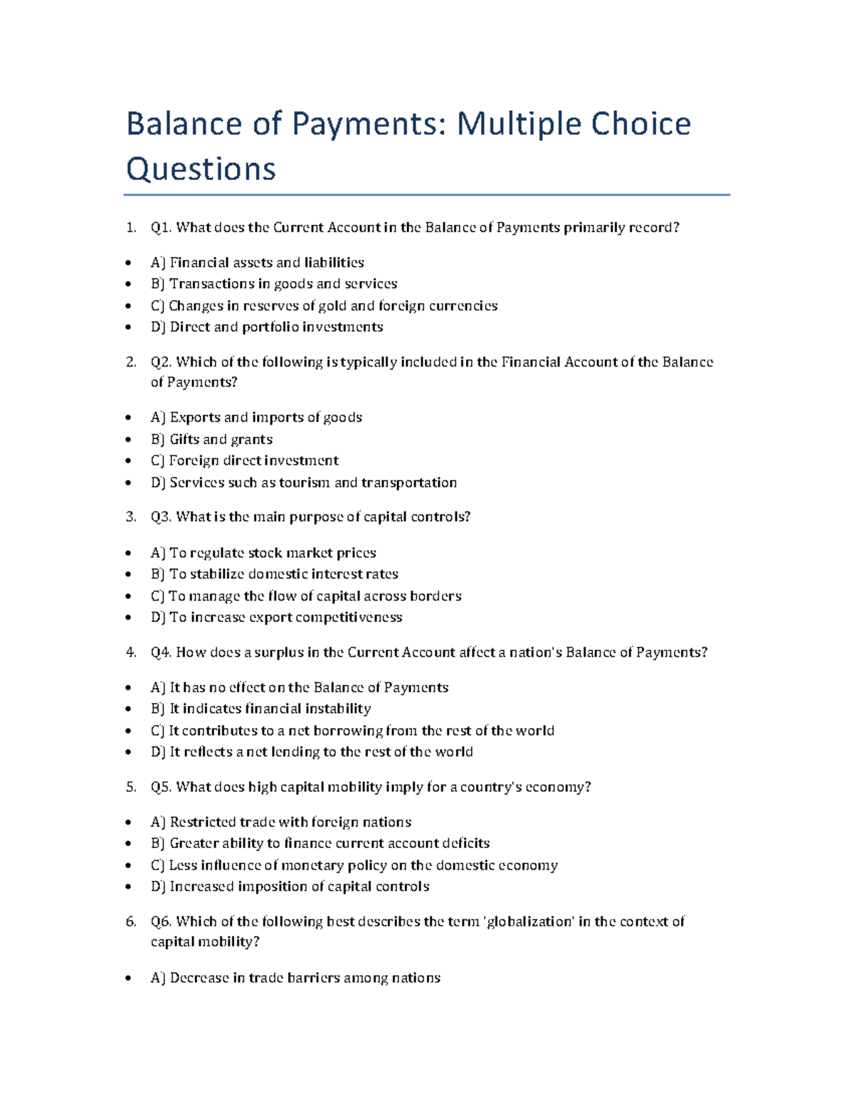 Balance of Payments MCQs - Balance of Payments: Multiple Choice ...