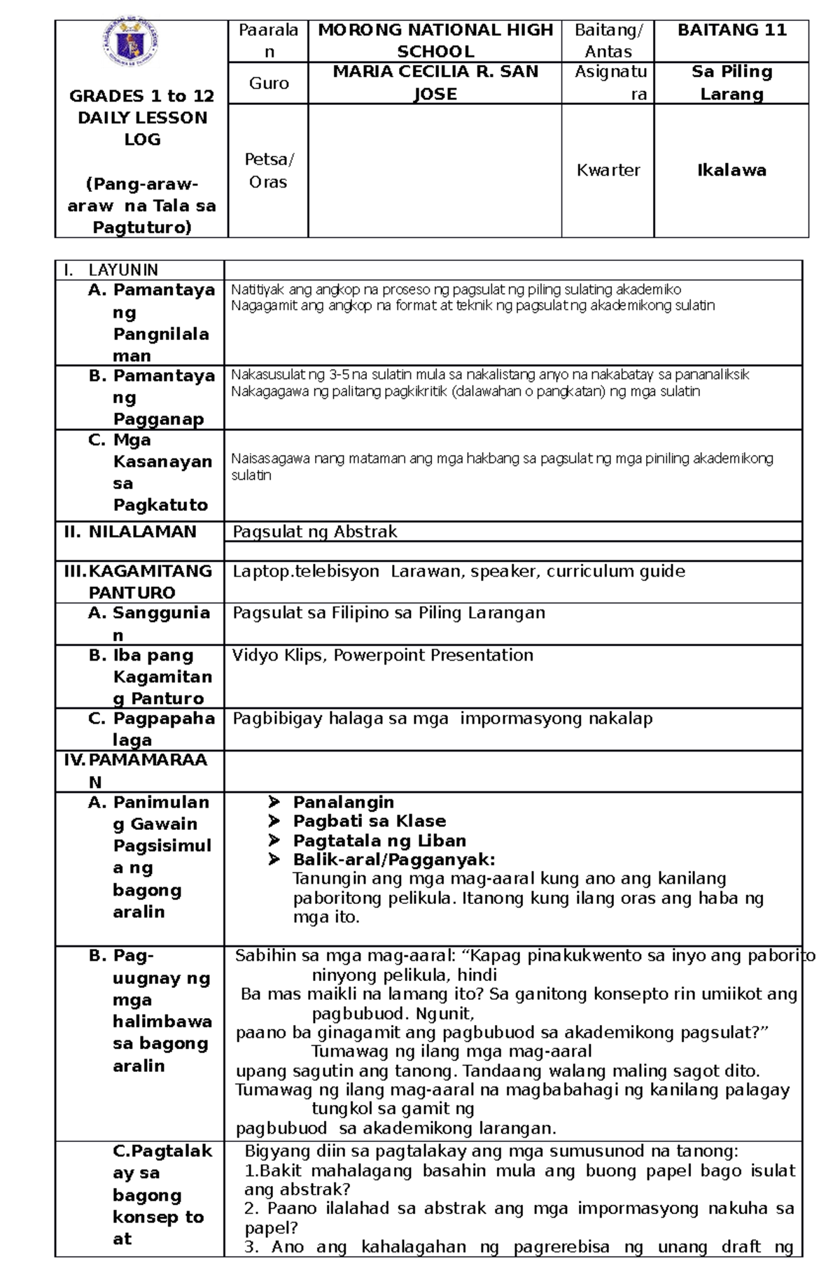 Demo 2 at 4 impormatib - DAILY LESSON PLAN - GRADES 1 to 12 DAILY ...