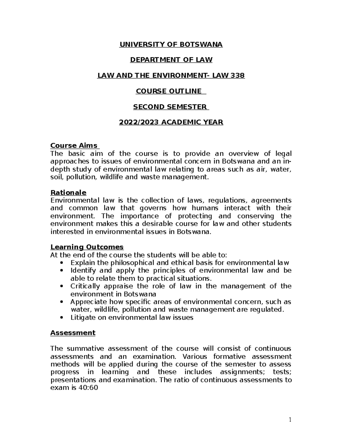 Law 338 Course Outline 2023 - UNIVERSITY OF BOTSWANA DEPARTMENT OF LAW ...