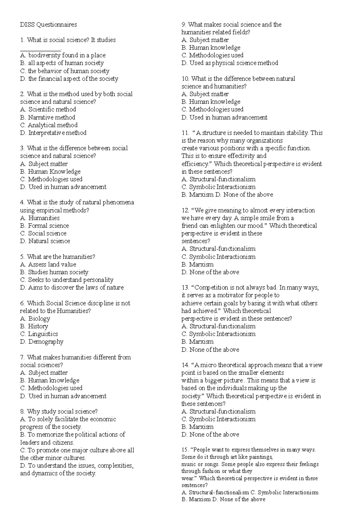 DISS Questionnaires - yess - DISS Questionnaires What is social science ...