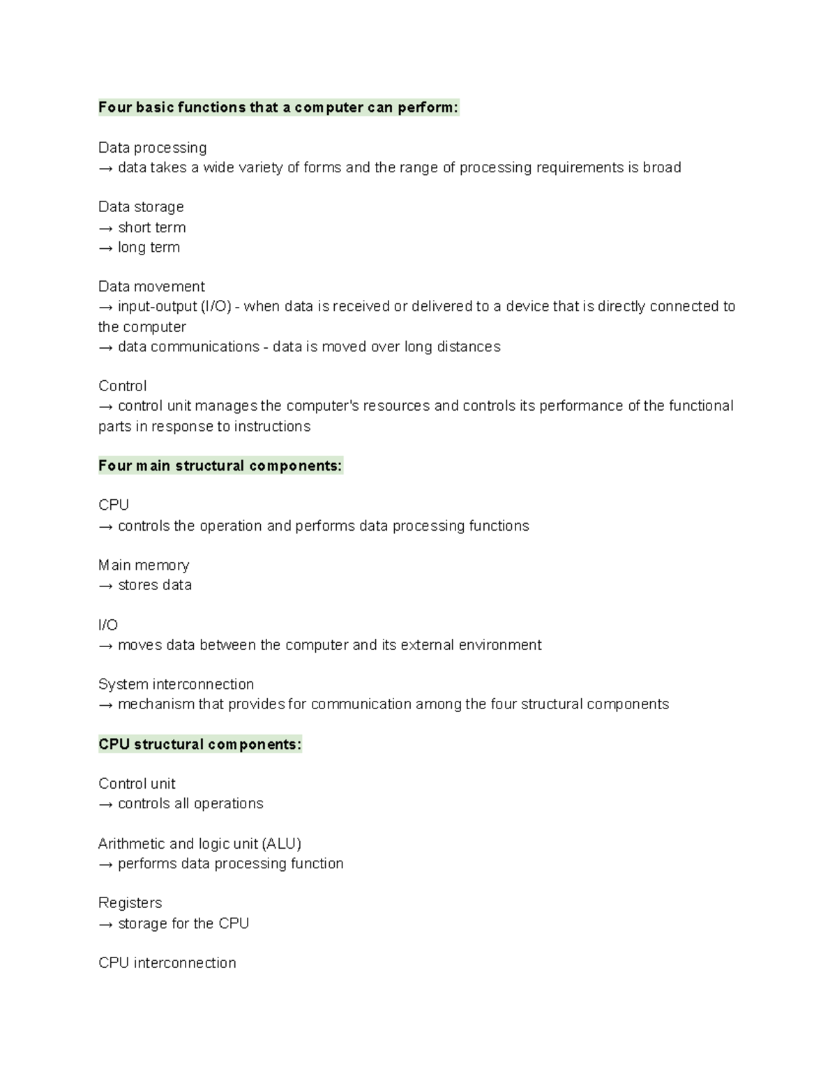 Week one lecture notes - Four basic functions that a computer can ...