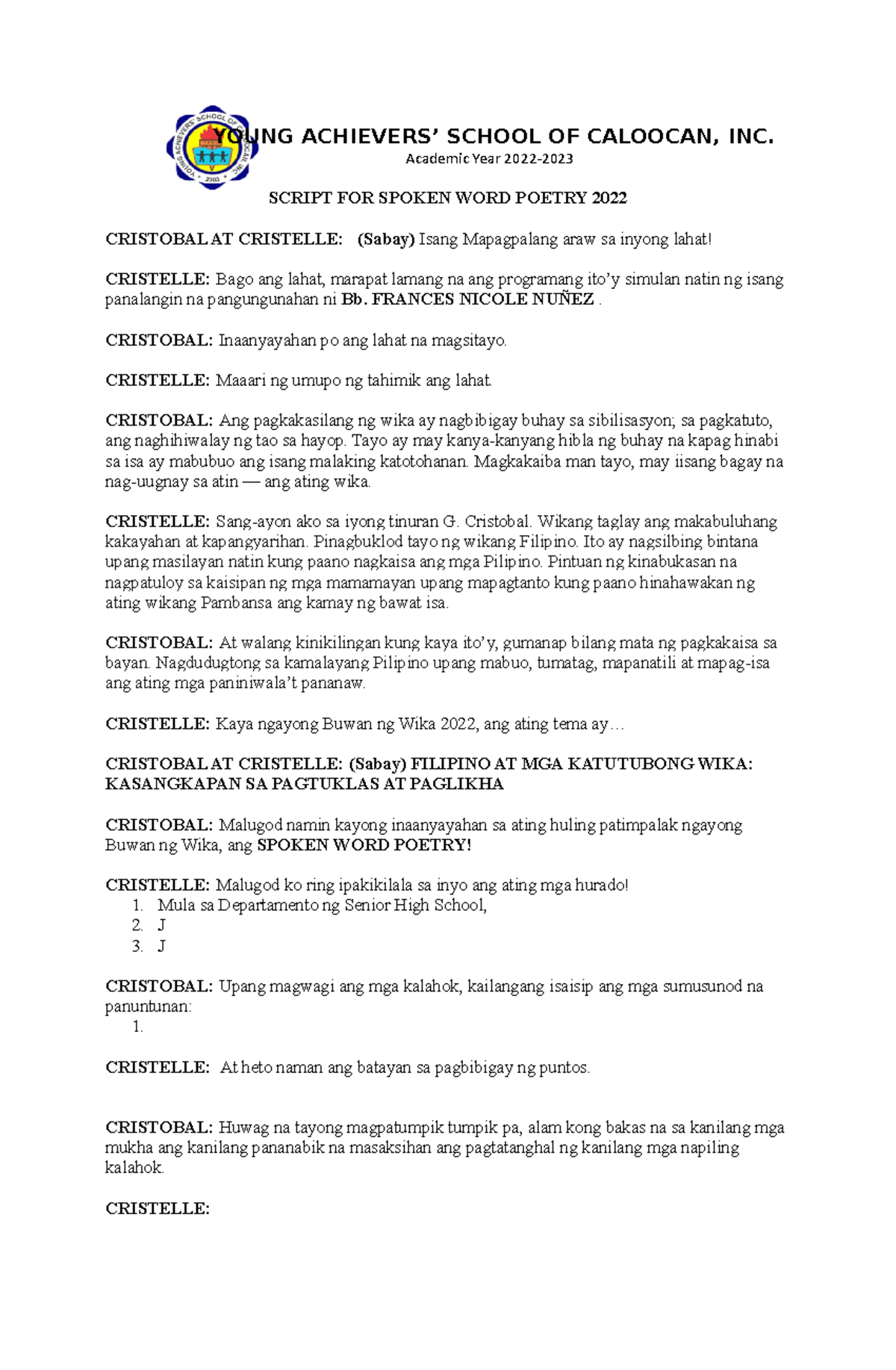 Campus Journalism Proposal (3) 1 - YOUNG ACHIEVERS’ SCHOOL OF CALOOCAN ...