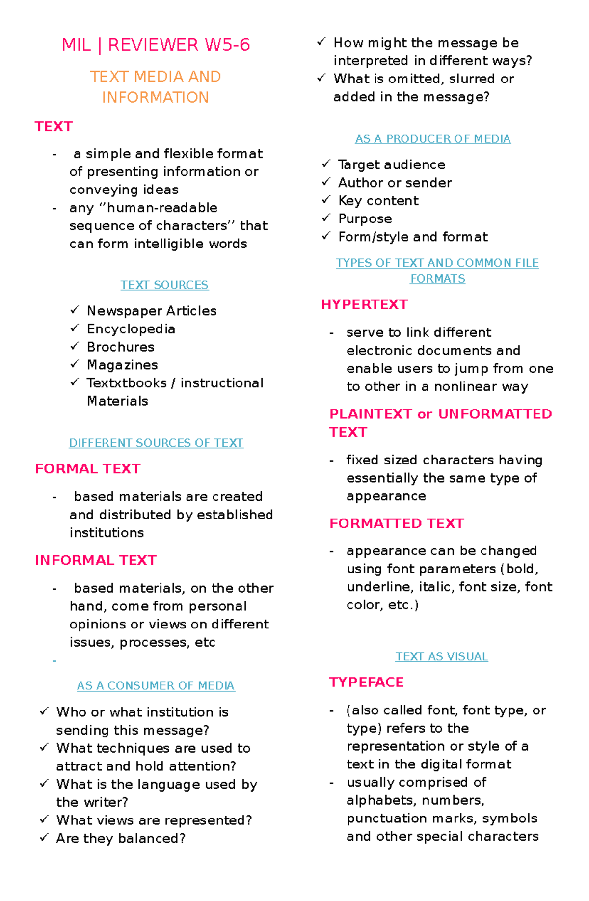 MIL W5-6 Text Media - Notes - MIL | REVIEWER W5- TEXT MEDIA AND ...