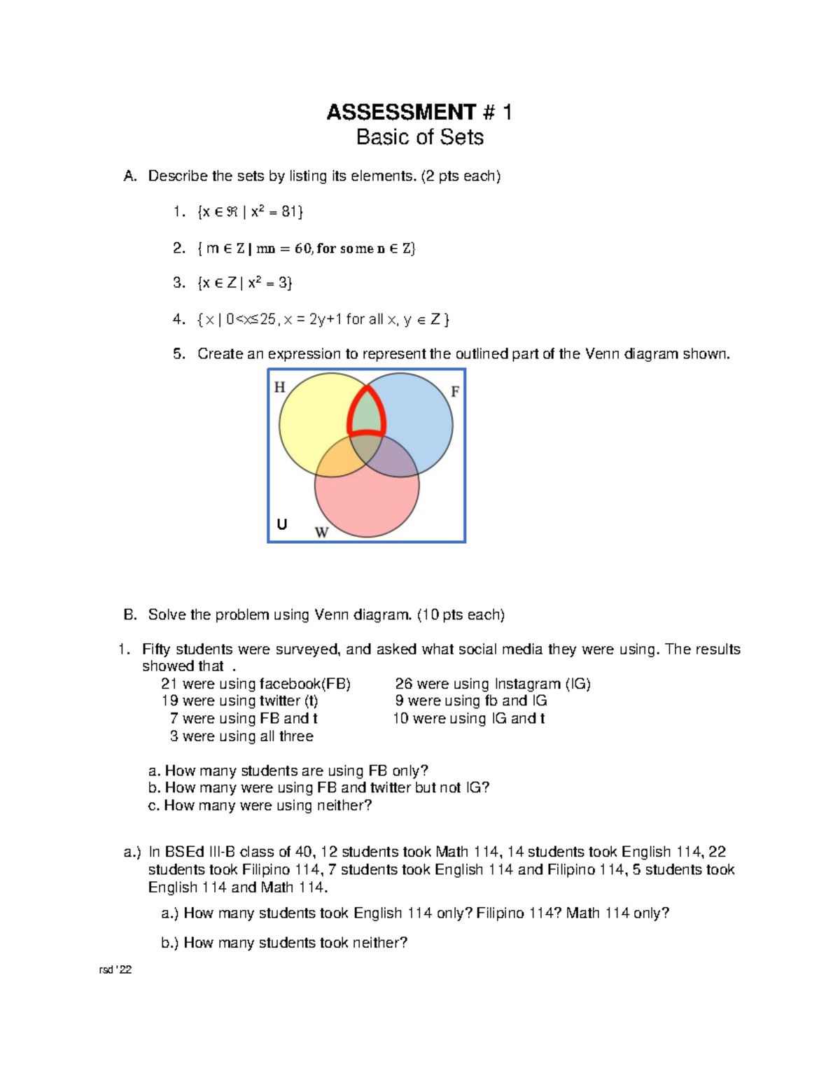 Assessment # 1 - Modern Geometry - ASSESSMENT # 1 Basic of Sets A ...