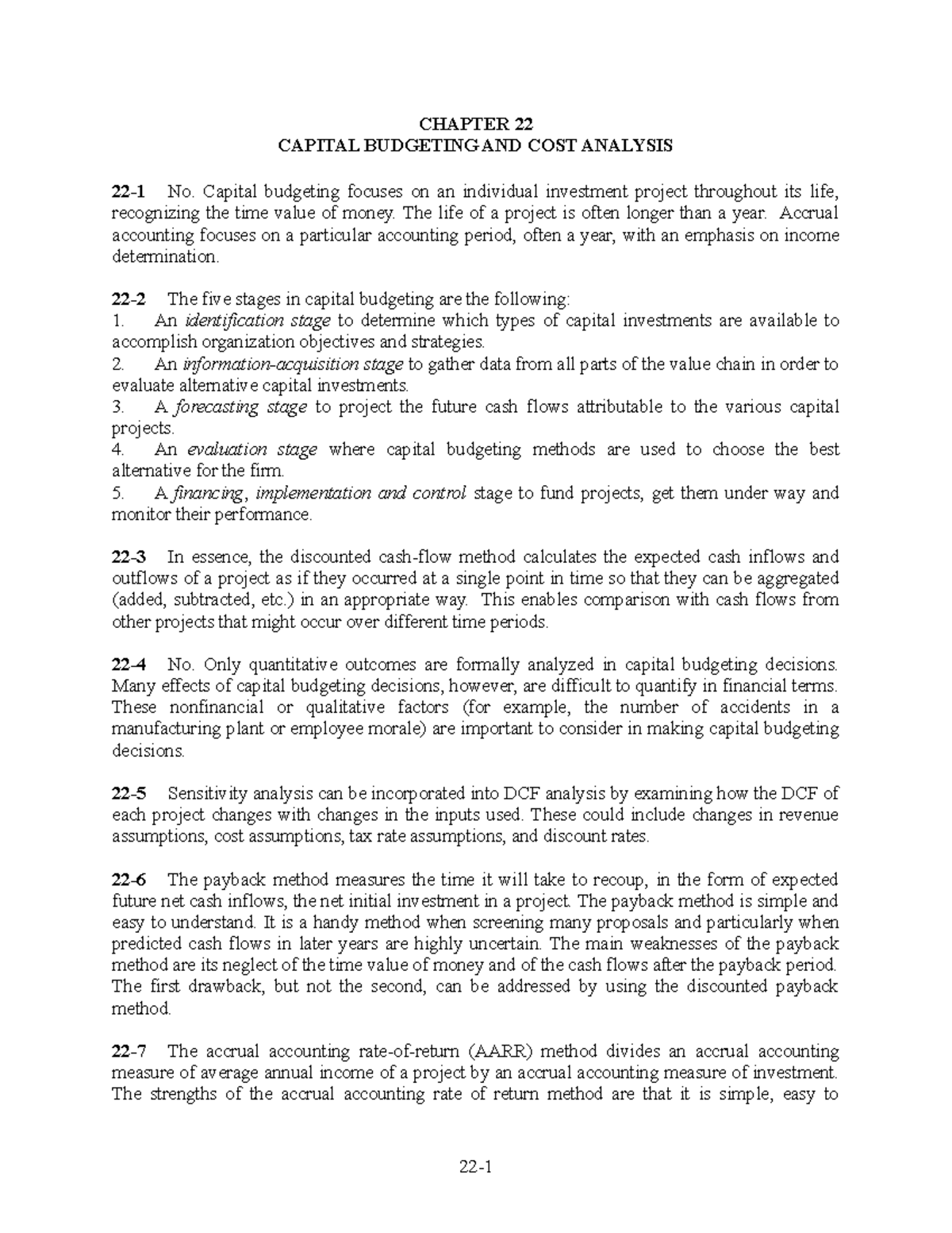 Chapter 22 Solutions - Capital Budgeting and Cost Analysis - CHAPTER 22 CAPITAL BUDGETING AND ...