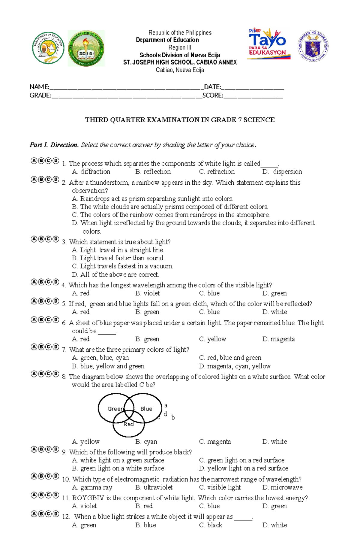 461190350 3rd quarter test paper Grade 7 Science - Republic of the ...