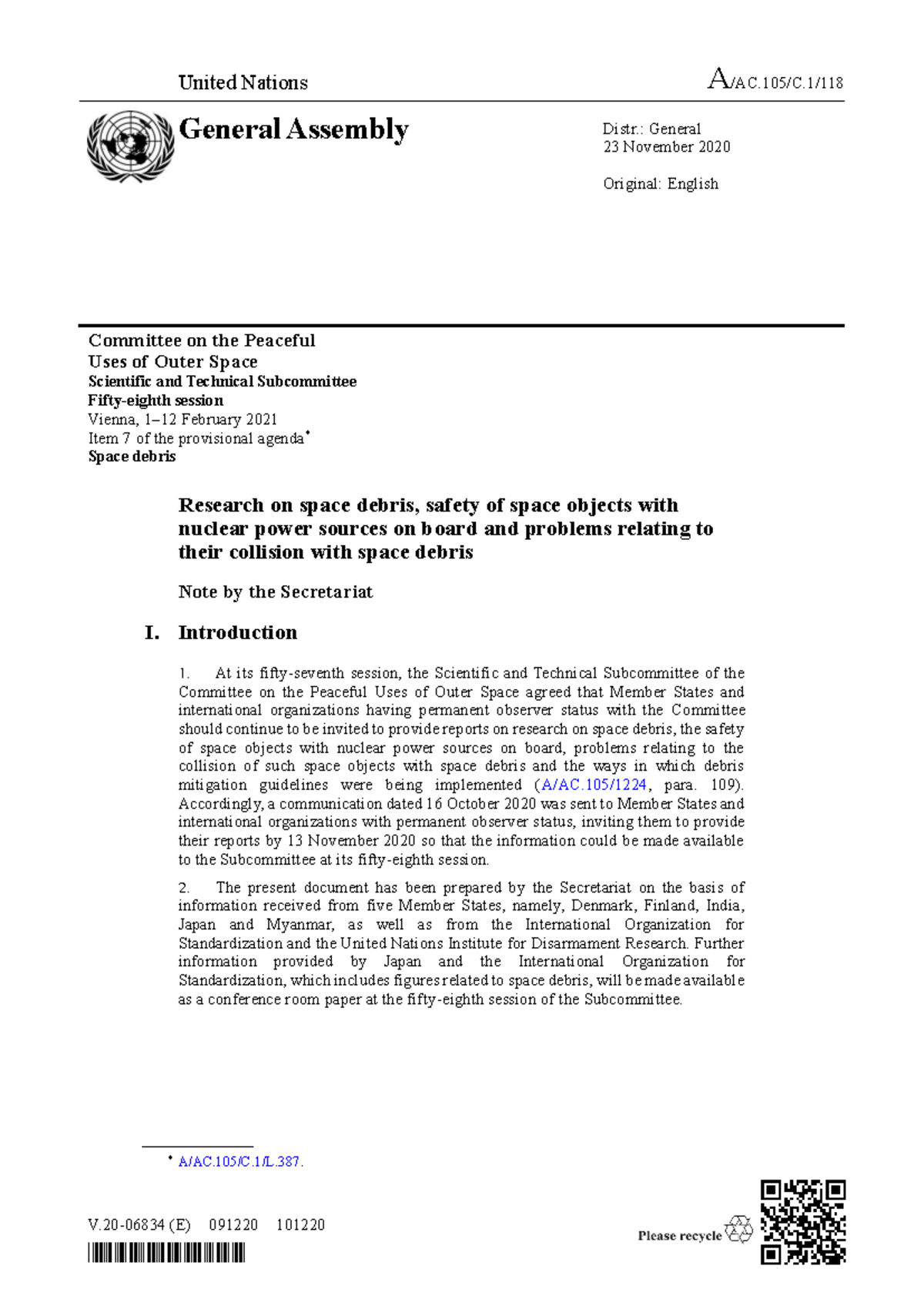 V2006 834 - Diplomacy - United Nations A/AC.105/C/ General Assembly ...