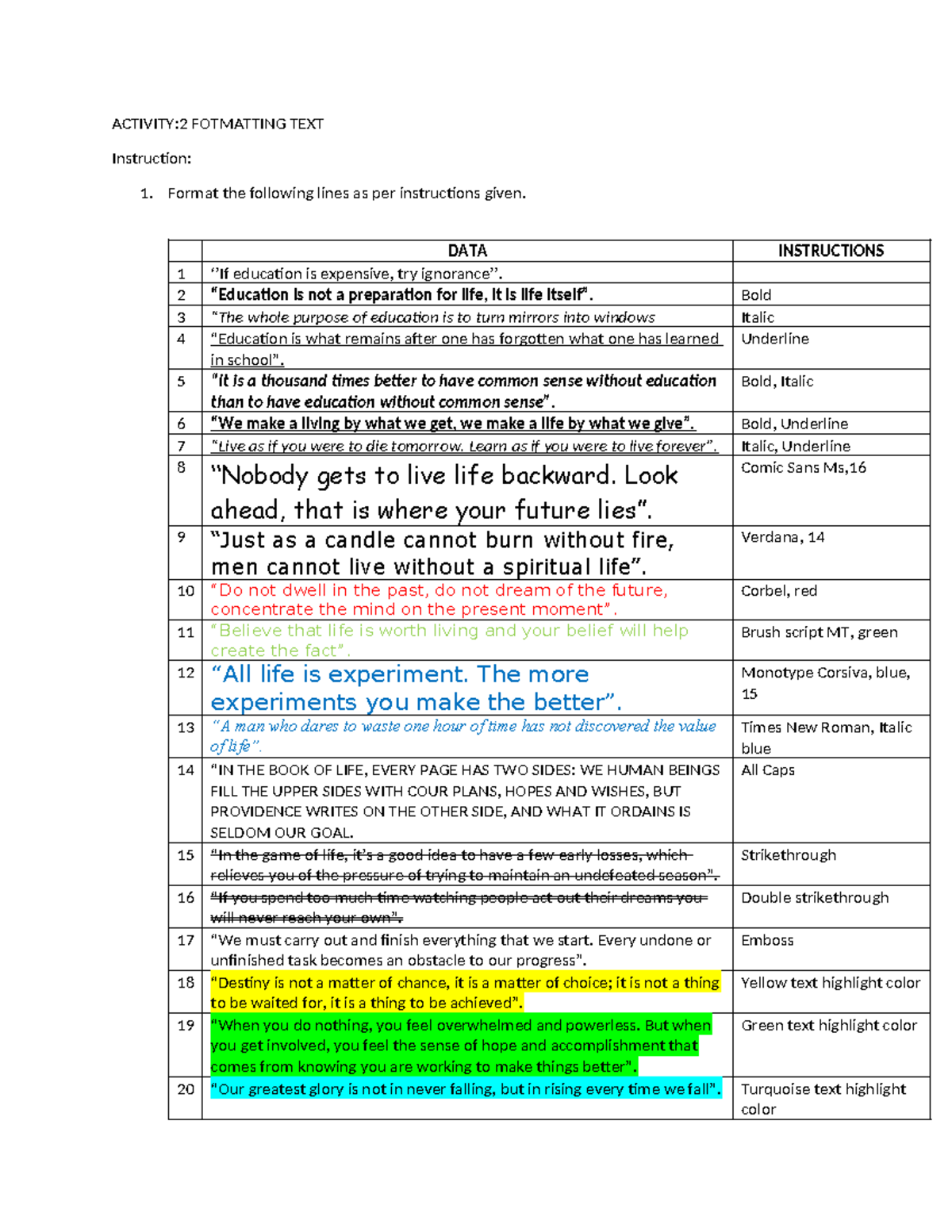 Jeje - badly needed - ACTIVITY:2 FOTMATTING TEXT Instruction: 1. Format ...