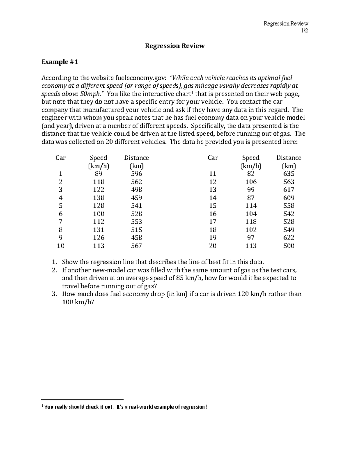 Week 8 Regression Review - Regression Review 1/ Regression Review Example # According to the ...