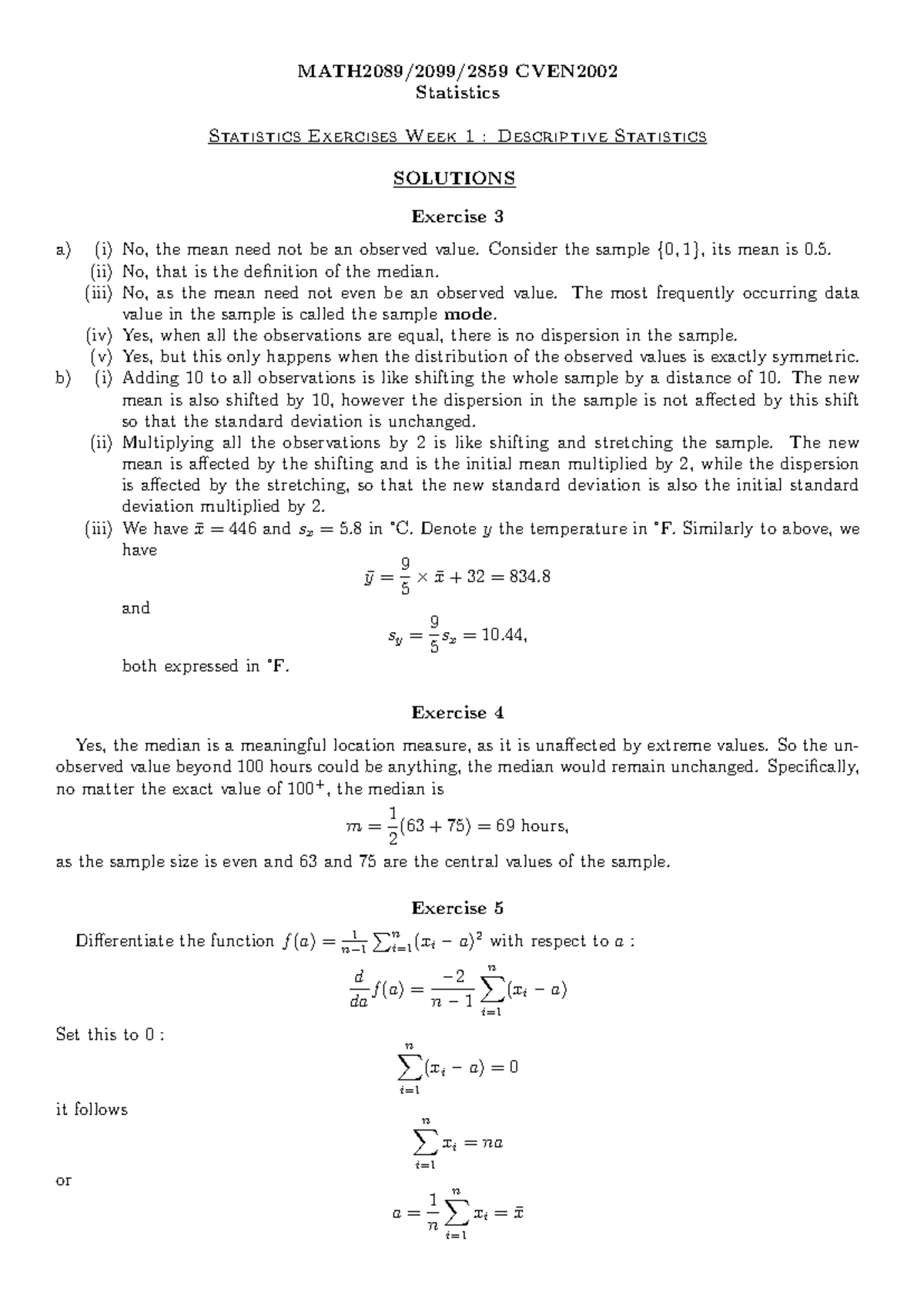 Exercises solns 1 - lab sol one - MATH2089/2099/2859 CVEN Statistics ...