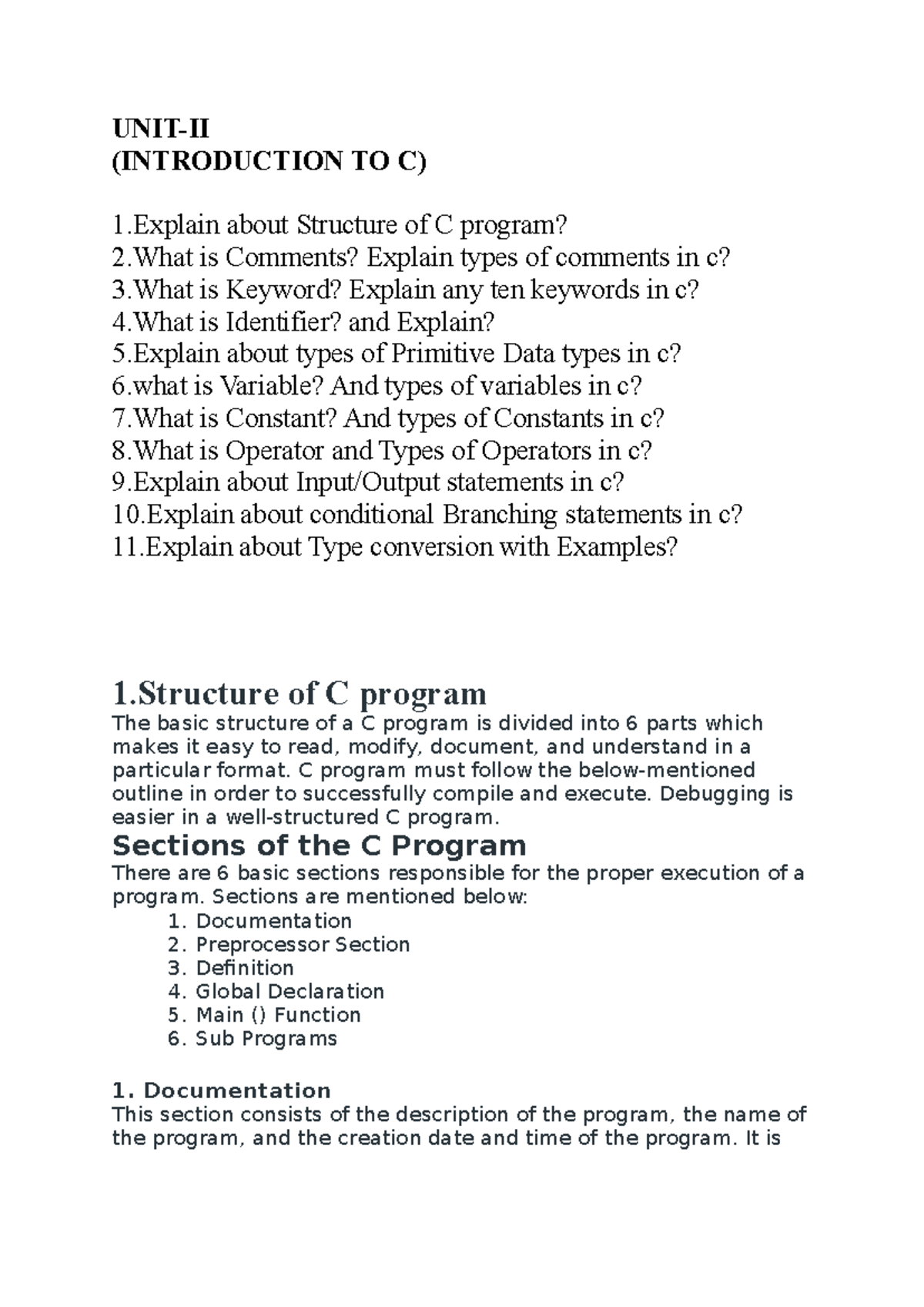 IP Notes - UNIT-II (INTRODUCTION TO C) 1 about Structure of C program ...