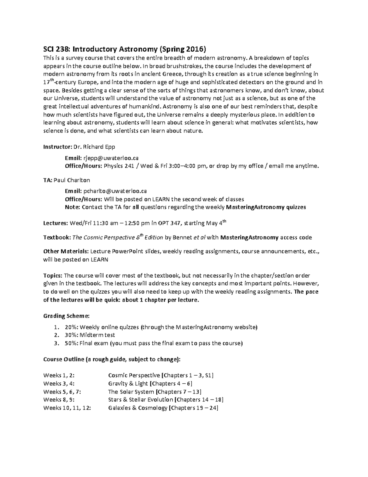 SCI 238 - S2016 - Course Outline - SCI 238 : Introductory Astronomy ...