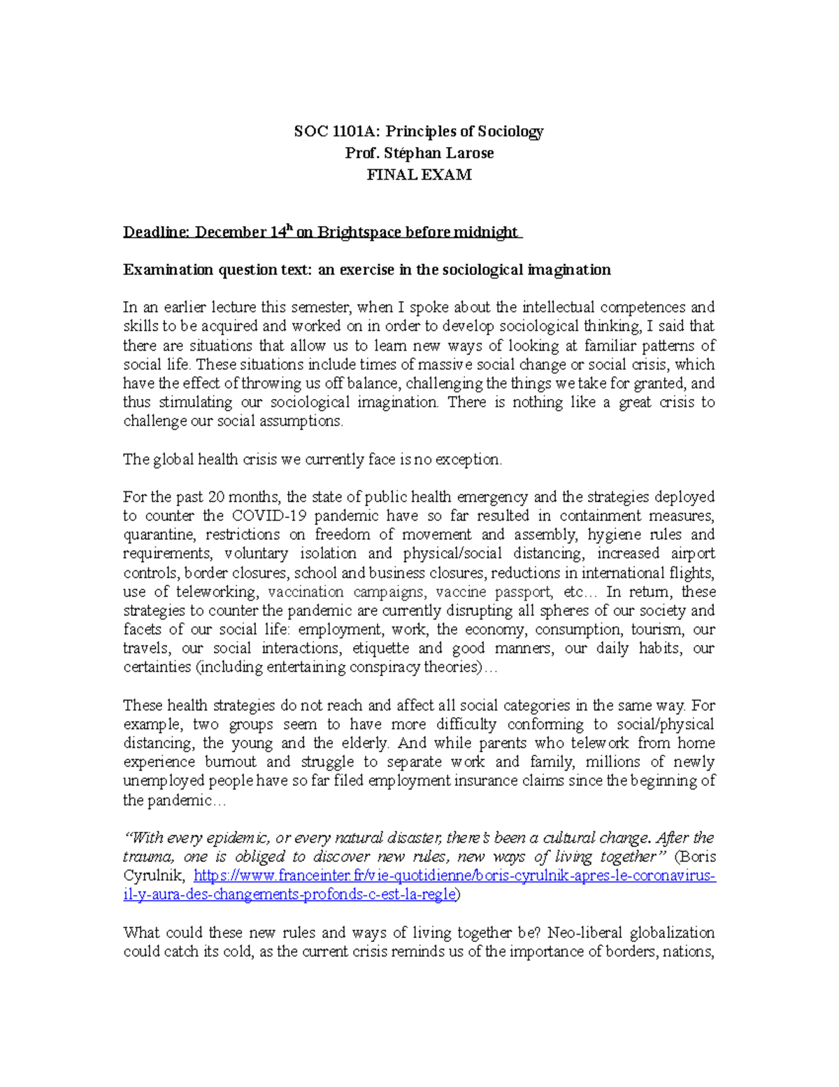 SOC1101 - Final Exam - SOC 1101A: Principles of Sociology Prof. Stéphan ...