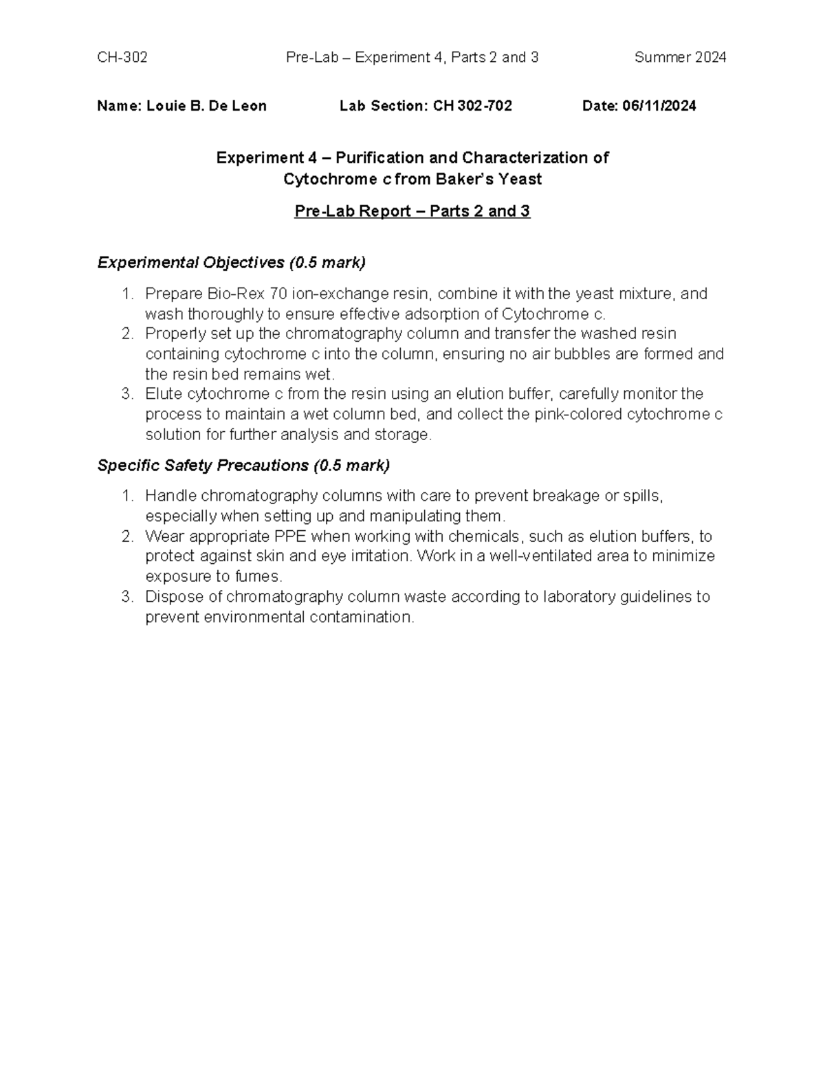 Experiment 4 (Parts 2 & 3) - Pre-Lab Report Sheet (24M) - CH-302 Pre ...