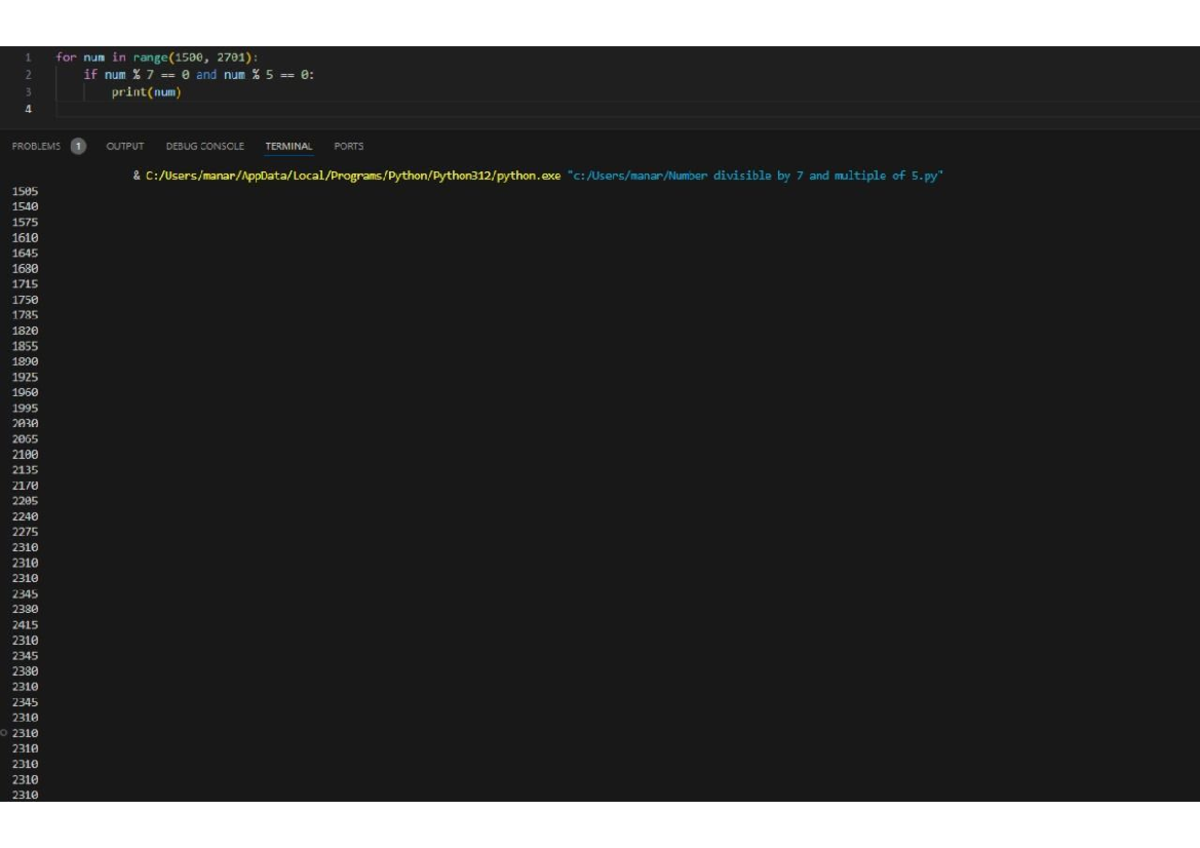 Python Program Solutions - 1 for num in range (1500, 2701): 2 if num 7 0 and num 5 0: 3 print ...