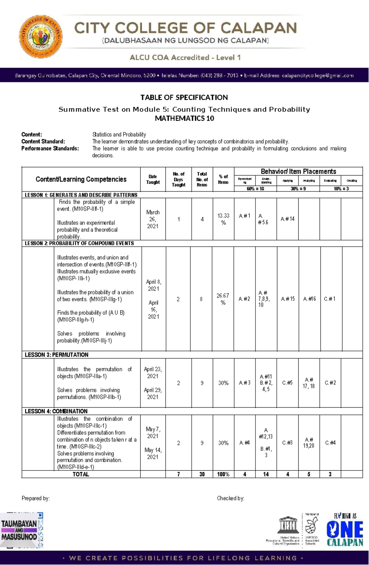 TOS WITH CCC Header - Counting techniques and probability - TABLE OF ...