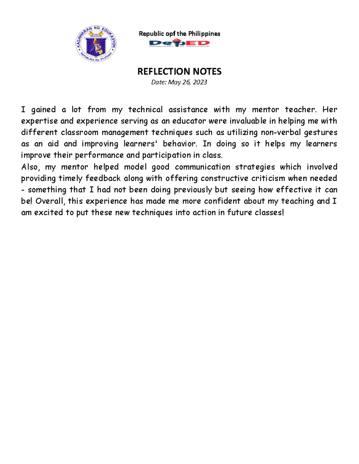 Reflection Notes COT#1 - Republic opf the Philippines REFLECTION NOTES ...