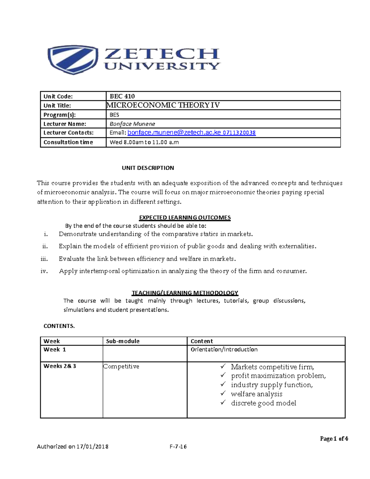 BEC 410 Microeconomic Theory IV Course Outline - Page 1 of 4 Unit Code ...