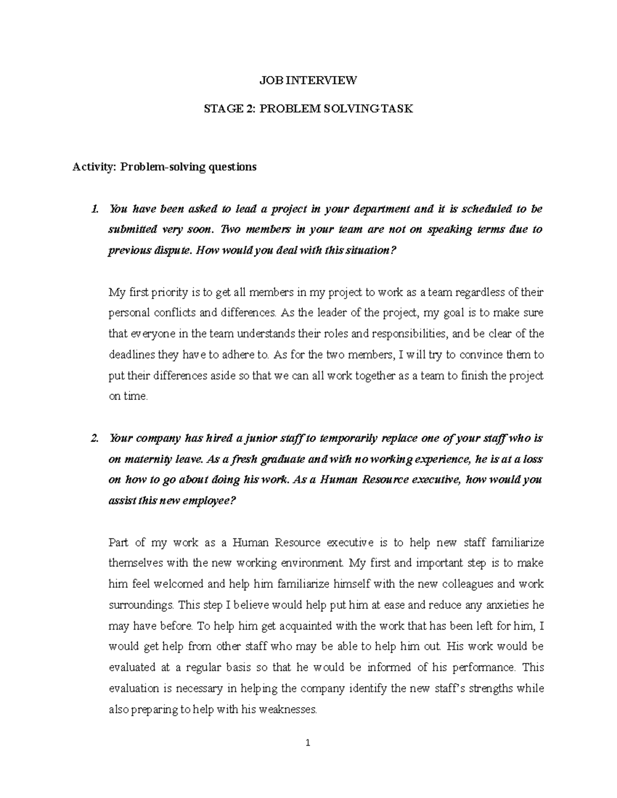 Example of answer for Stage Two Job Interview - JOB INTERVIEW STAGE 2 ...