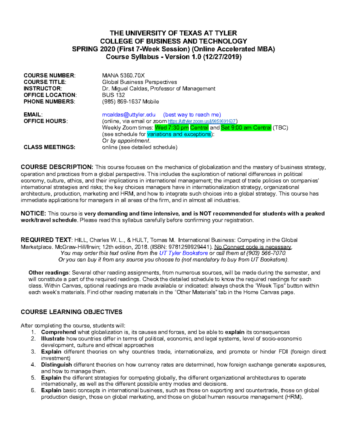 MANA 5360-70X Spring 2020 Syllabus v1 - Warning: TT: undefined function: 32 THE UNIVERSITY OF ...