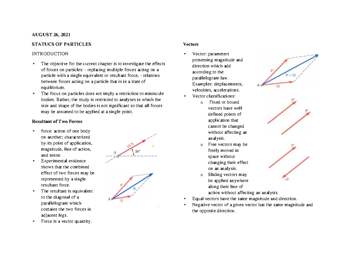 Statics of Particles Lecture Notes with Illustration - Statics of Rigid ...