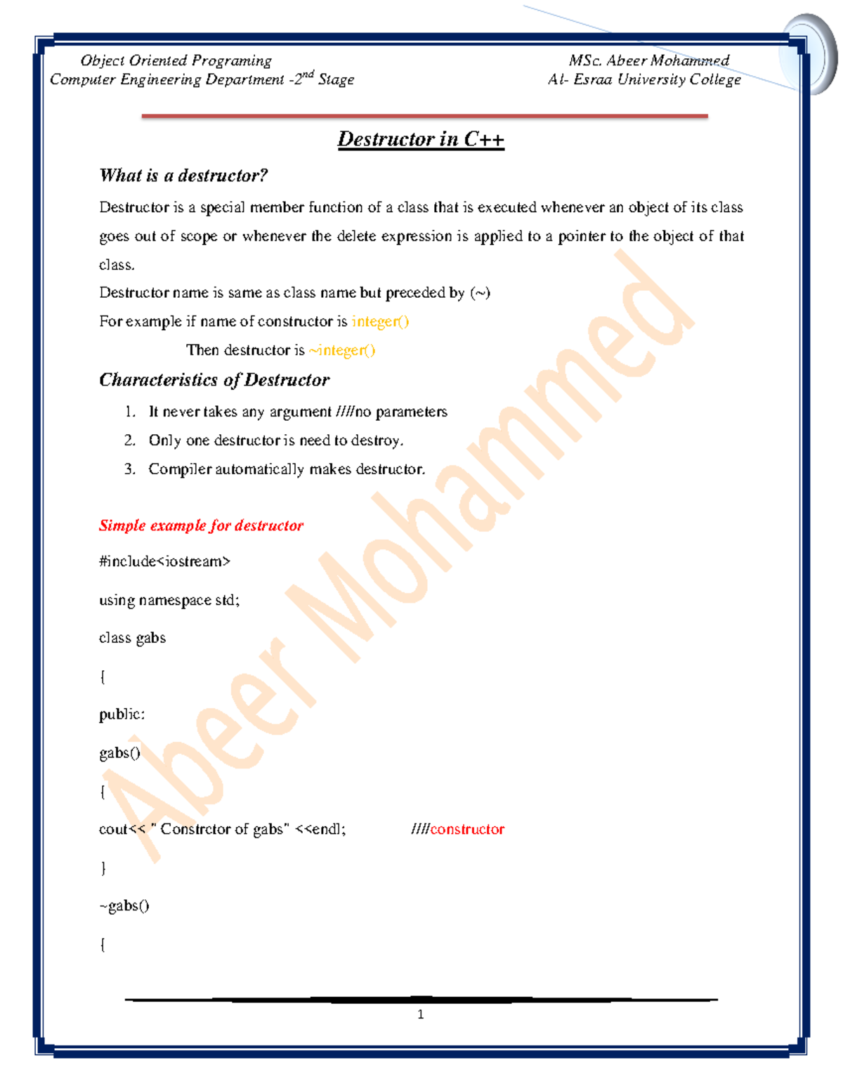 Destructor & Friend Function - Computer Engineering Department - 2 nd Stage Al- Esraa University ...