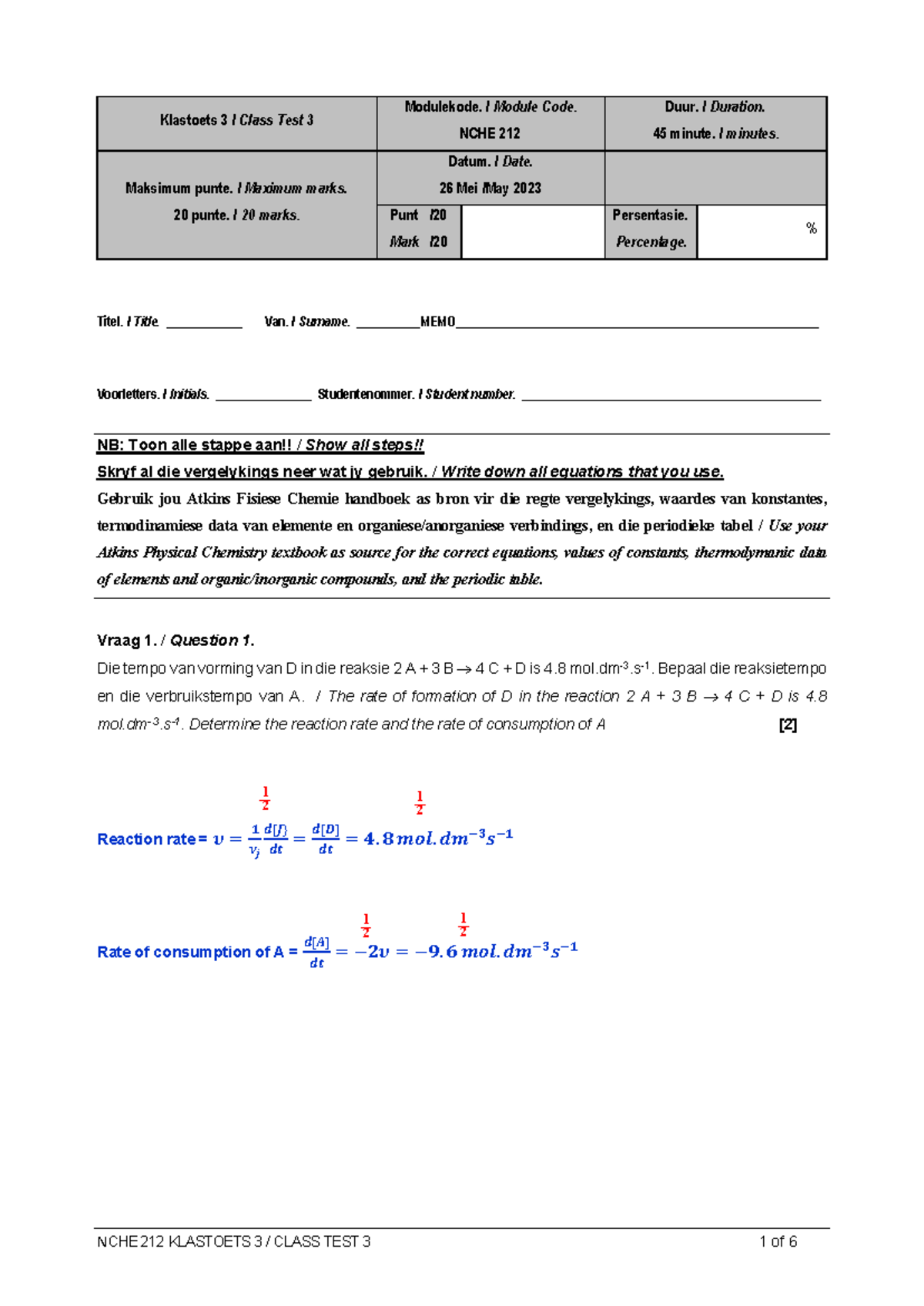 Memo Class Test 3 - practice materials - Klastoets 3 / Class Test 3 ...