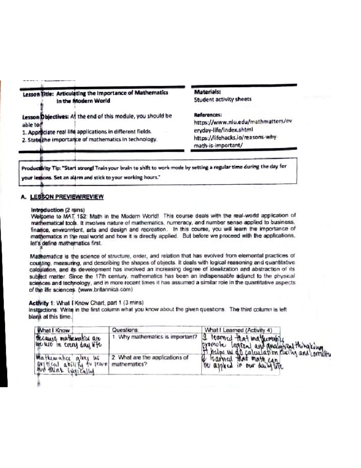 Mathematics in the modern world activity no - Civil Engineering - Studocu