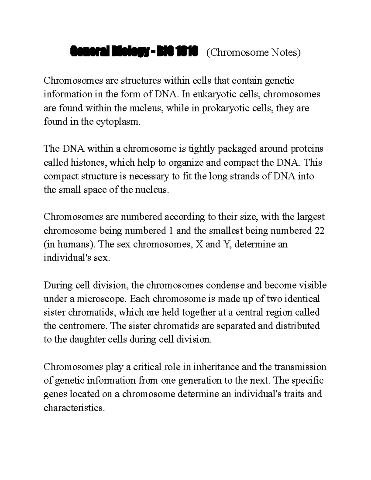 BIO - Chromosome Notes - General Biology - BIO 1010 (Chromosome Notes ...