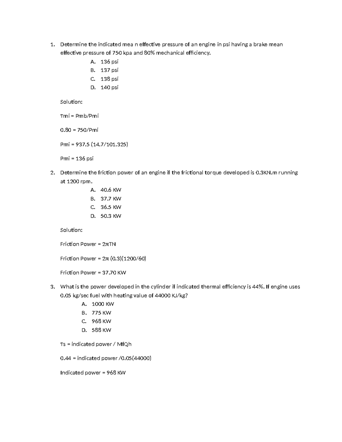 Determine the indicated mea n effective pressure of an engine in psi having a brake mean ...