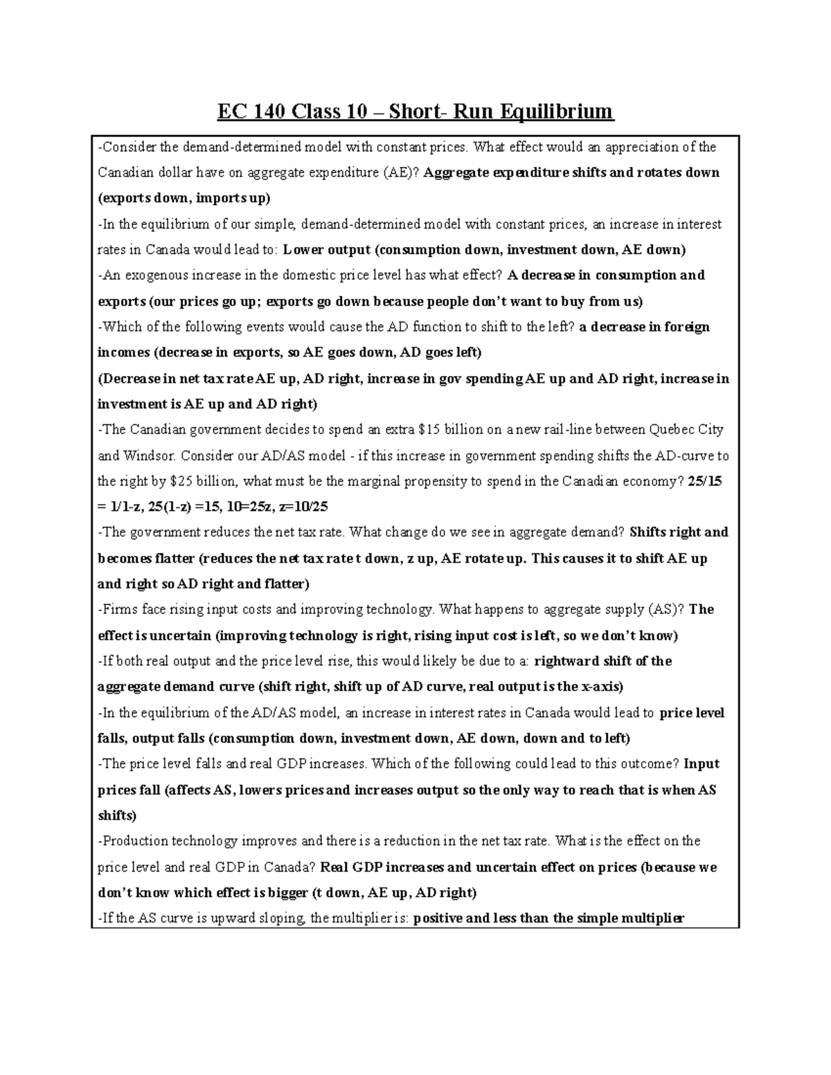EC 140 Class 10 notes - EC 140 Class 10 – Short- Run Equilibrium ...