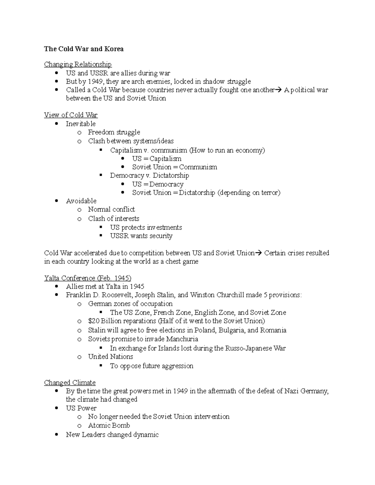 HST 102 The Cold War and Korea Notes - The Cold War and Korea Changing ...