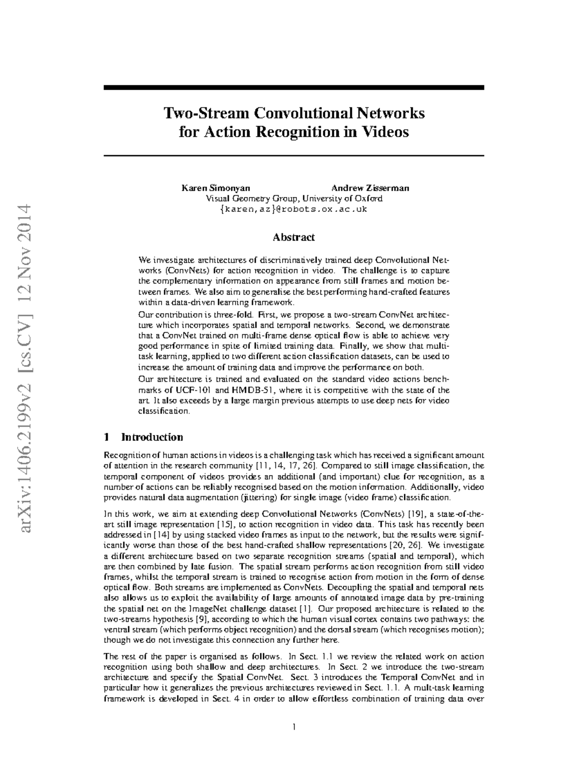 Two Stream Convolutional Networks For Action Recognition In Videos Two Stream Convolutional