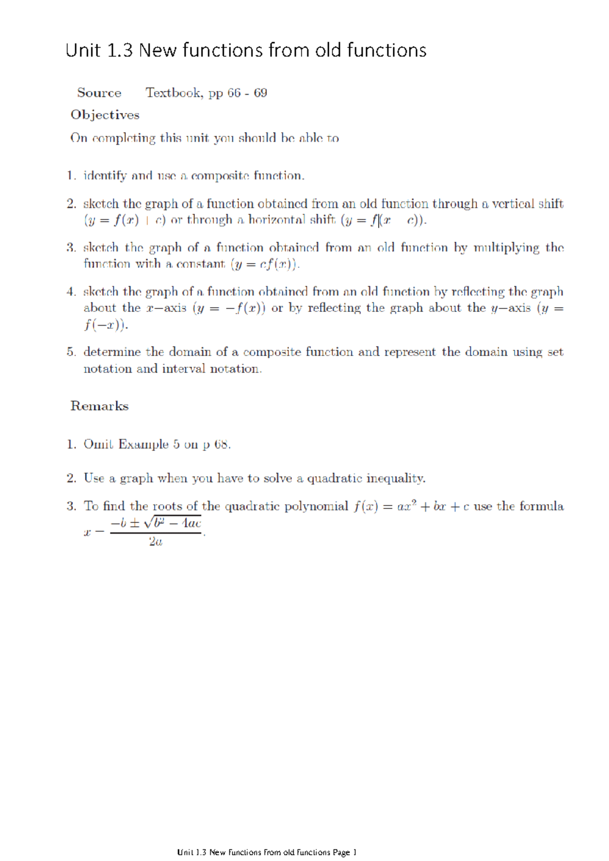 Unit 13 New Functions From Old Functions Unit 1 New Functions From Old Functions A Function 