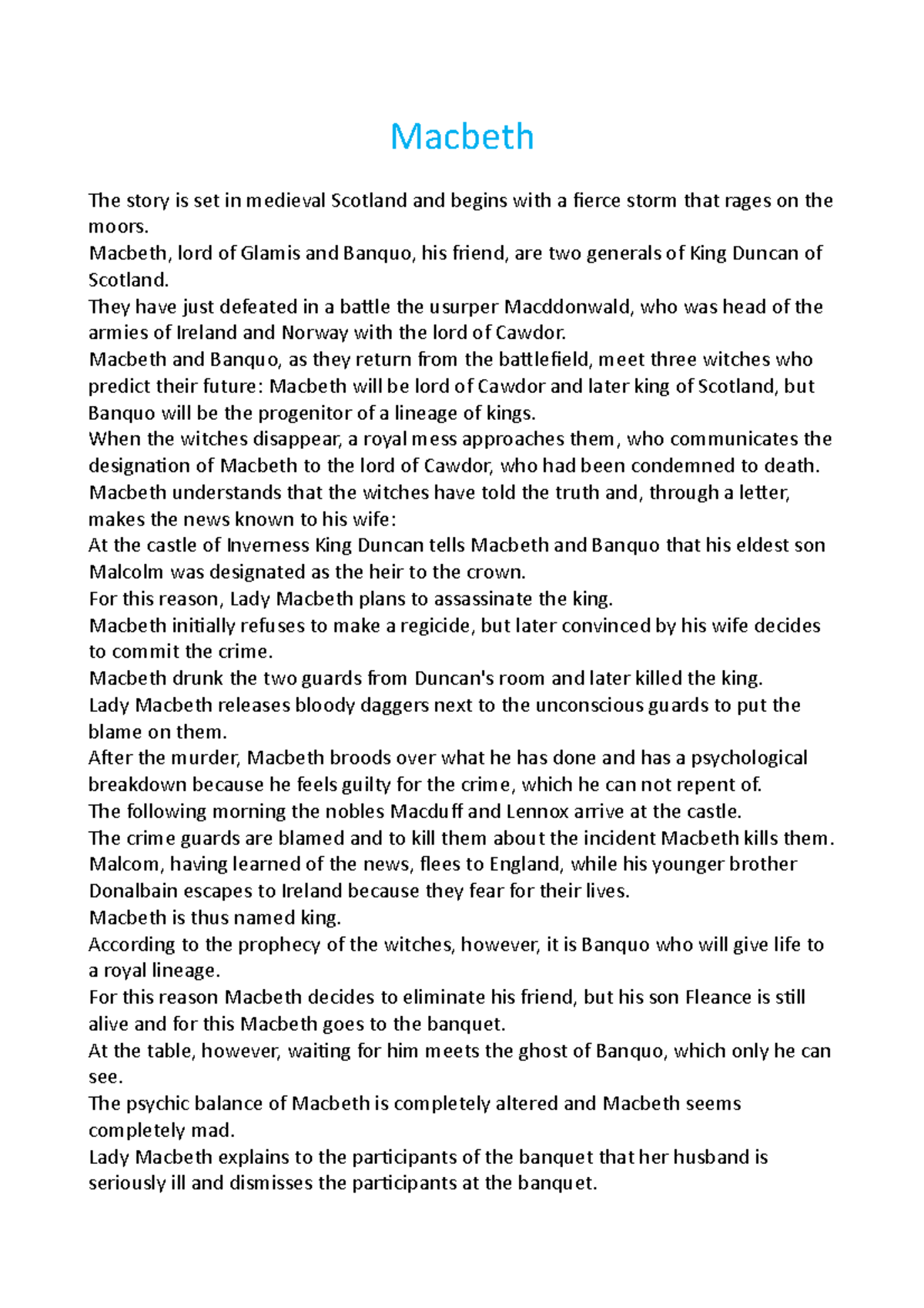 Macbeth ING - Macbeth The story is set in medieval Scotland and begins ...