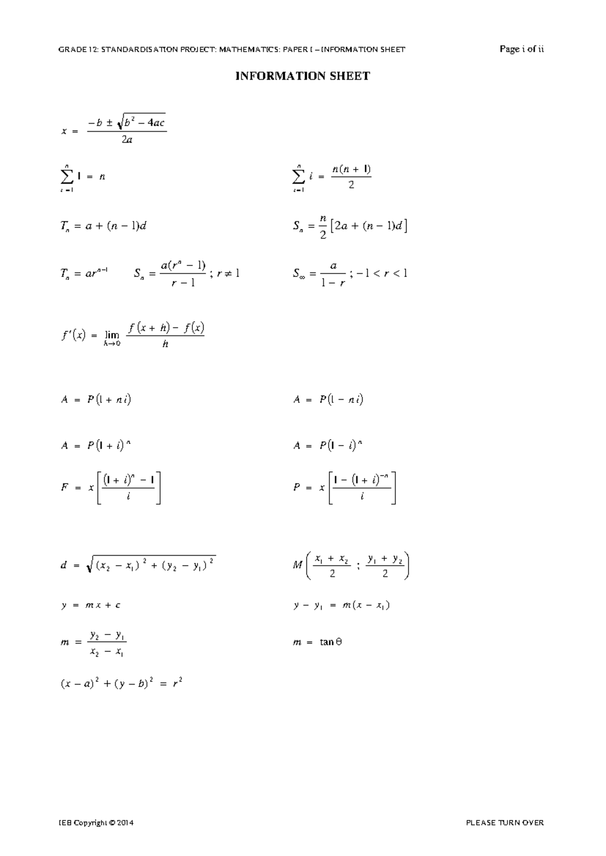 Math IEB Formula Sheet GRADE 12 STANDARDISATION PROJECT MATHEMATICS